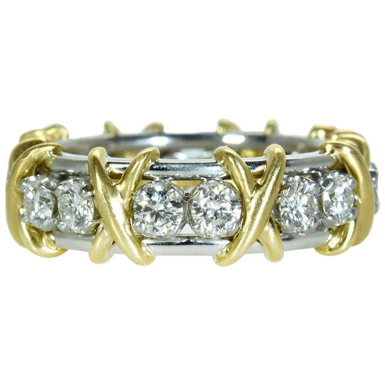 Tiffany and Co. Schlumberger 16 Stone Diamond Platinum Gold Band Ring ...