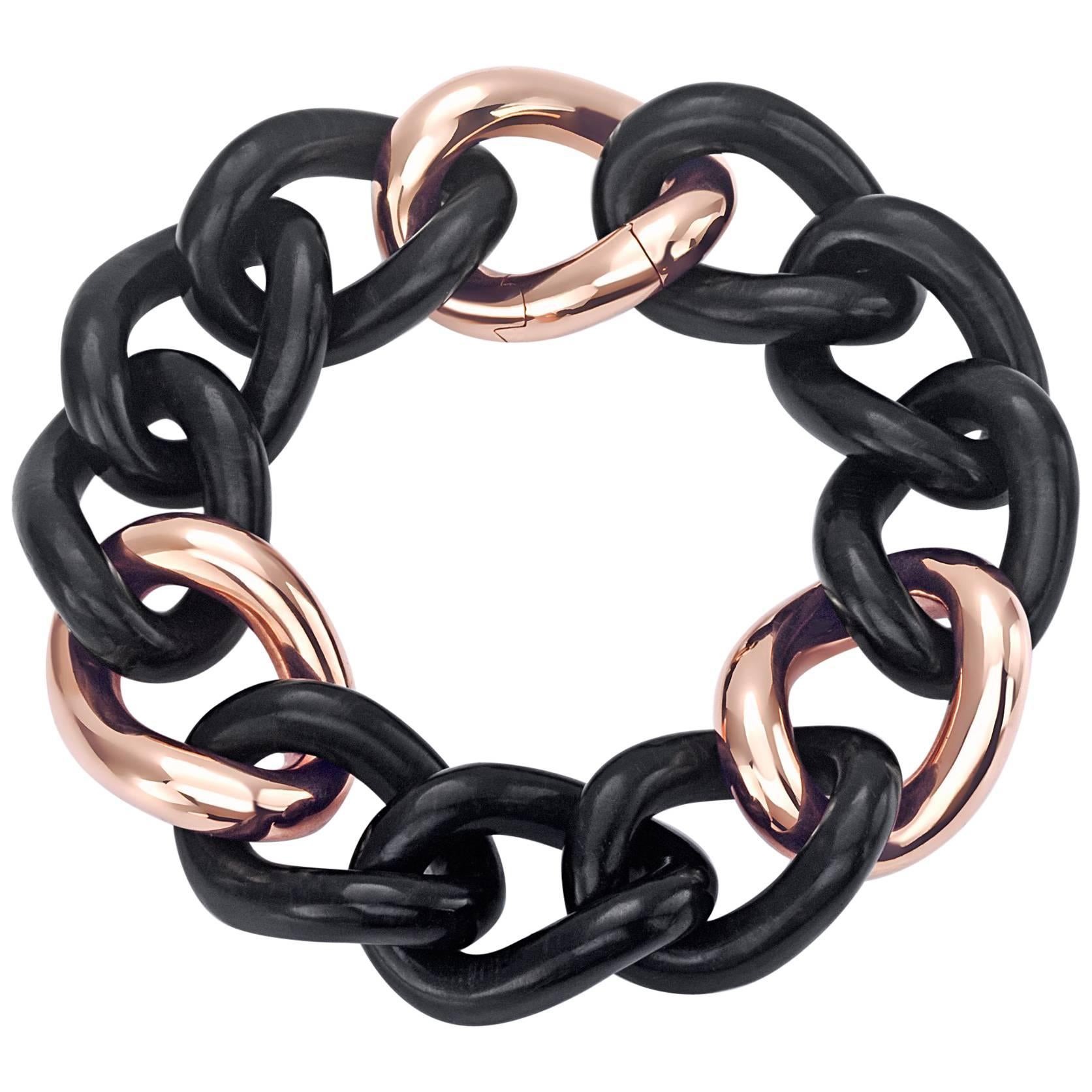 Black Ceramic Gourmette Bracelet in 18 Karat White Gold For Sale at 1stDibs