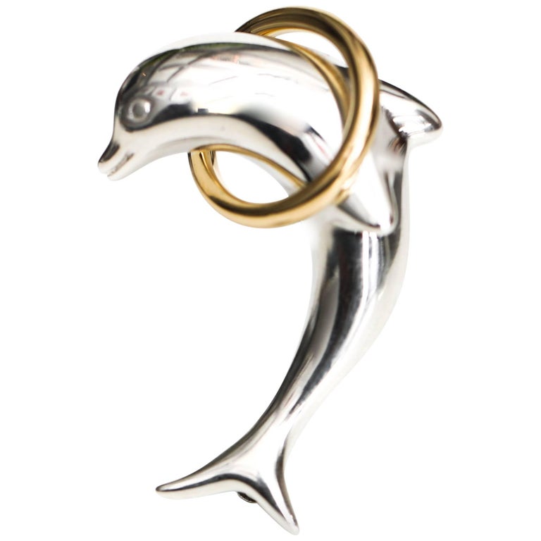 1990s Tiffany and Co. Dolphin Brooch 18 Karat Yellow Gold and Sterling ...