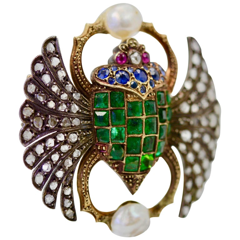 Antique French Diamond Emerald Sapphire Pearl Scarab Brooch at 1stDibs