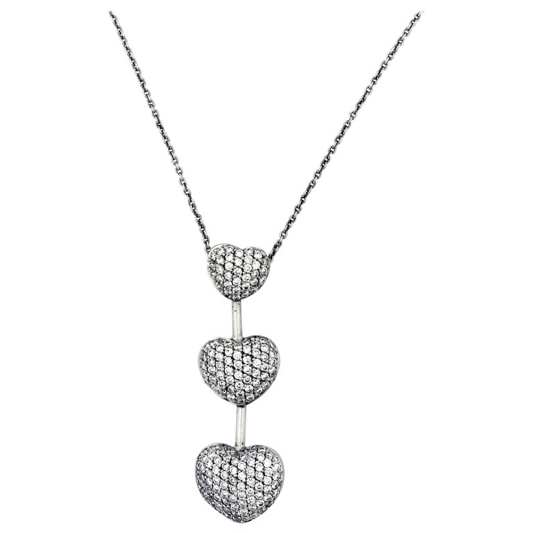 Three Heart Drop Diamond Gold Pendant Necklace For Sale at 1stDibs ...