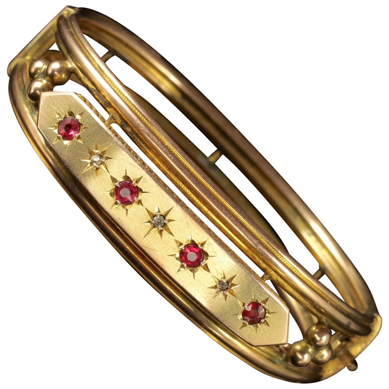 Antique Victorian 9 Carat Gold Star Set Ruby Diamond Bangle, circa 1900 ...