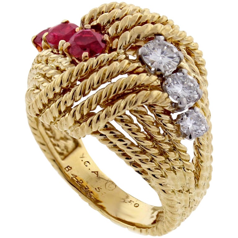 Van Cleef and Arpels Diamond Ruby Cocktail Gold Ring at 1stDibs