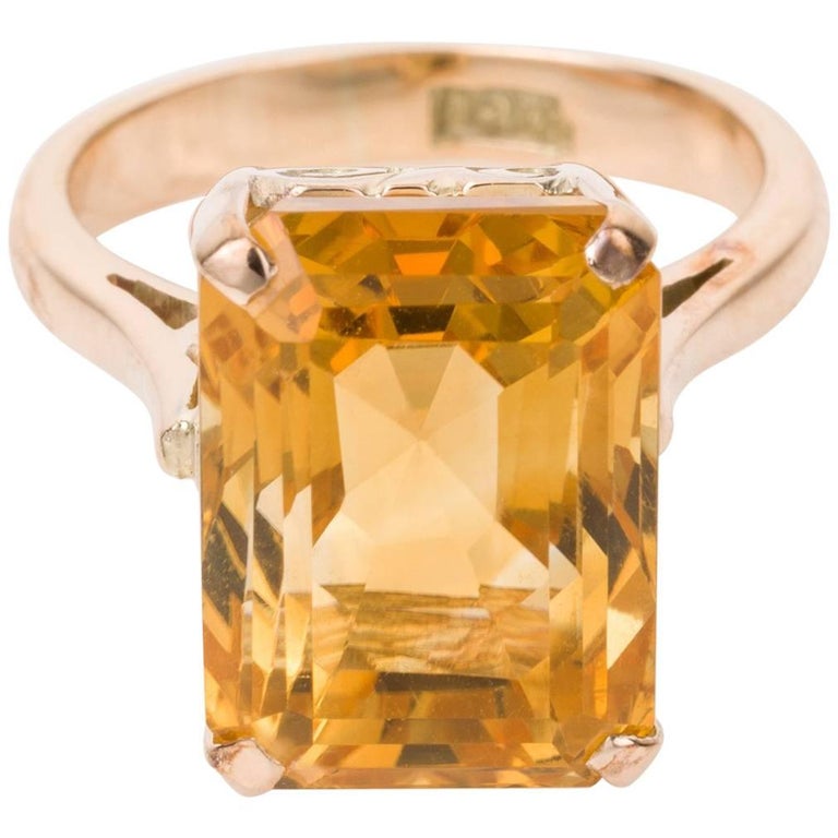 14 Carat Yellow Gold Emerald Cut Citrine Cocktail Ring at 1stDibs ...