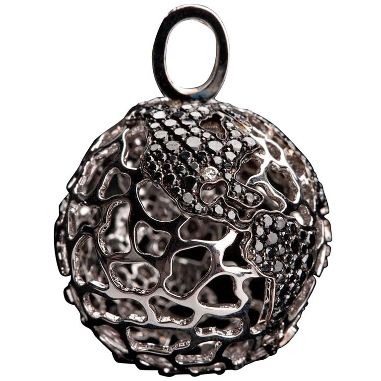 World Globe Pendant in White 18 Karat Gold with Black Diamonds For Sale ...