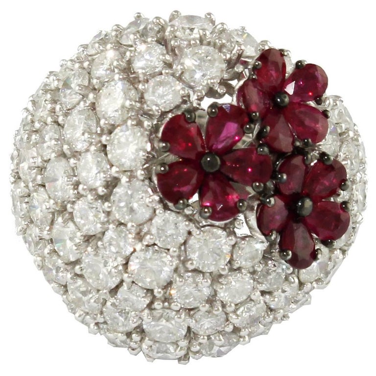 Diamonds Rubies White Gold Small Flower Ring For Sale at 1stDibs | ruby ...
