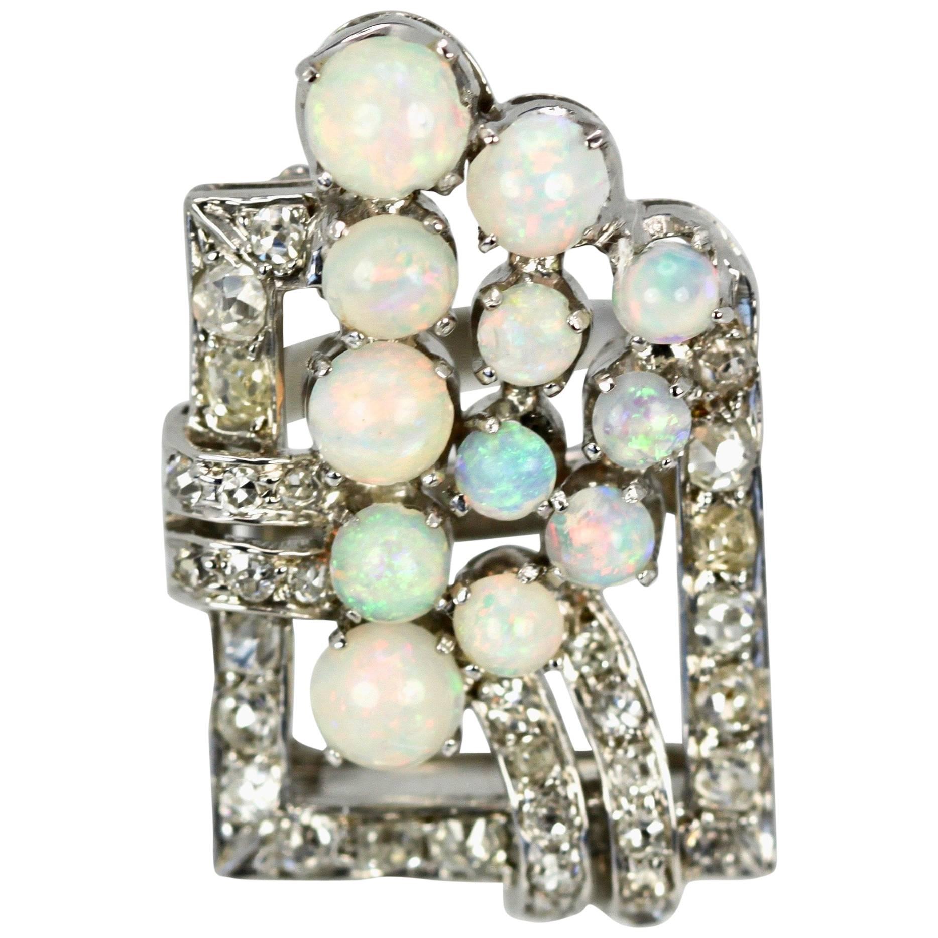 Art Deco Platinum Opal and Diamond Ring For Sale at 1stDibs