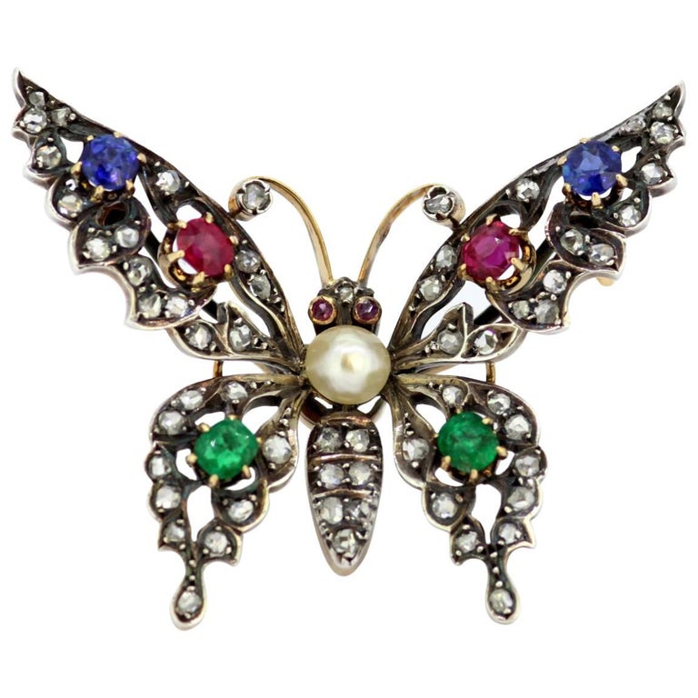 Blue and Green Rhinestone Butterfly Brooch by Weiss at 1stdibs
