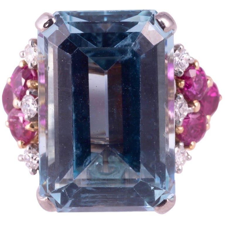 Beautiful Aquamarine and Ruby and Diamond Ring at 1stDibs