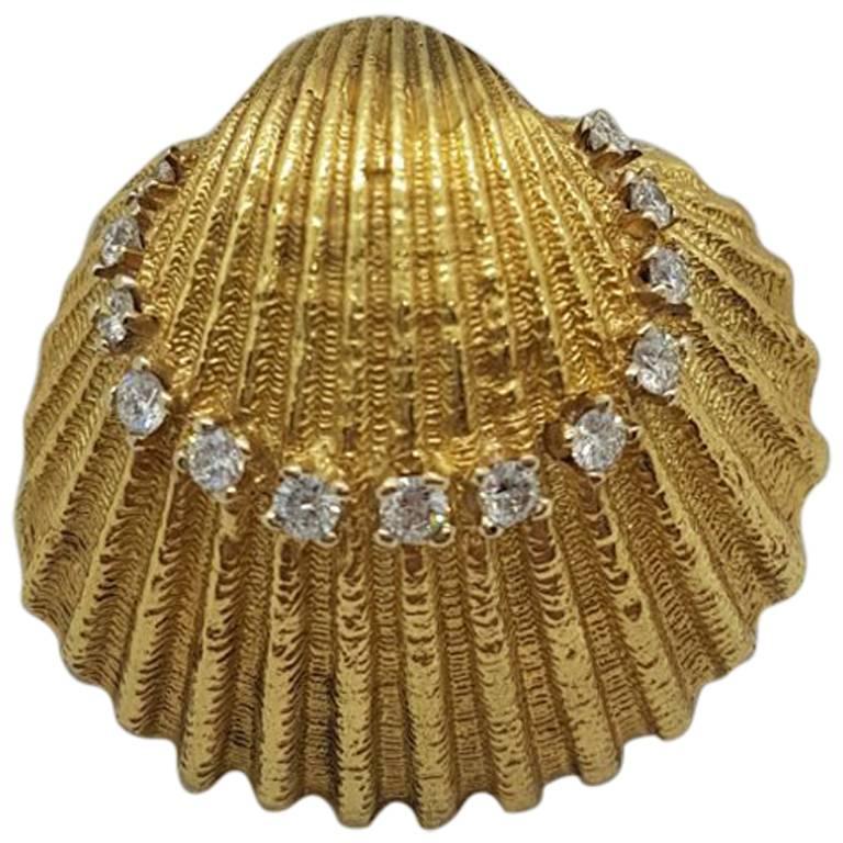 Yellow Gold and Diamonds Shell Broach and Pendant at 1stDibs