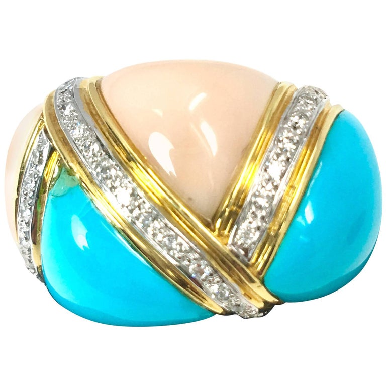 Coral Turquoise Diamond Yellow Gold Ring at 1stdibs