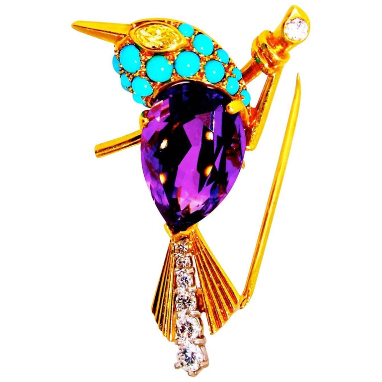 Cartier 1960s Amethyst Diamond Turquoise Gold Sparrow Pin at 1stDibs