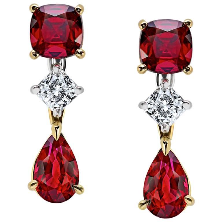 Pear shape and Cushion Cut Ruby and Diamond Platinum and 18k Drop ...