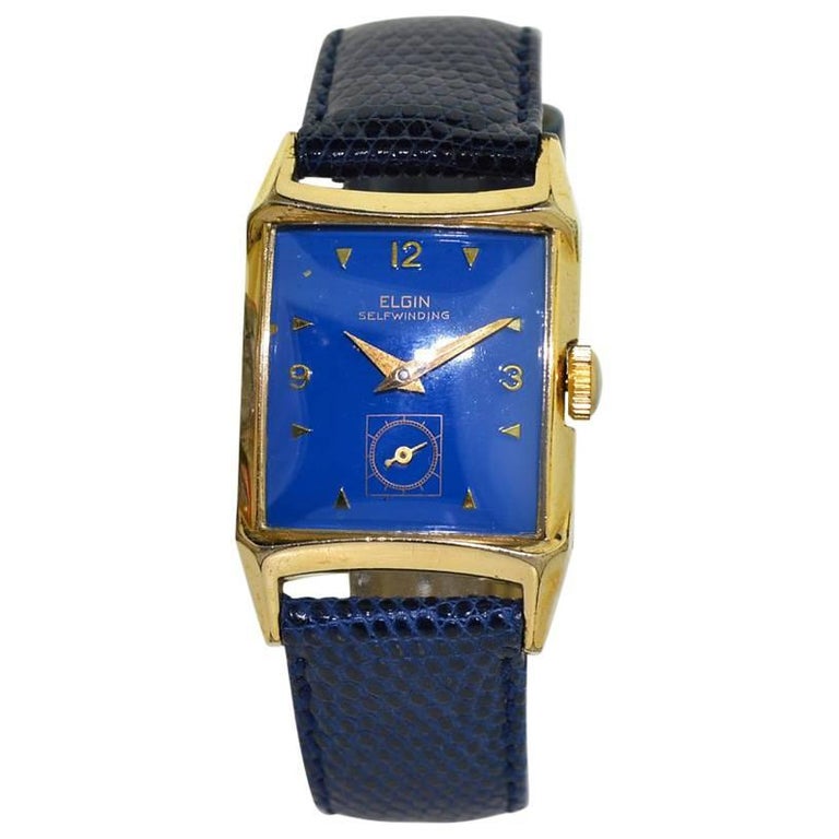 Elgin Yellow Gold Filled Royal Blue Dial Automatic Watch, circa 1950s ...
