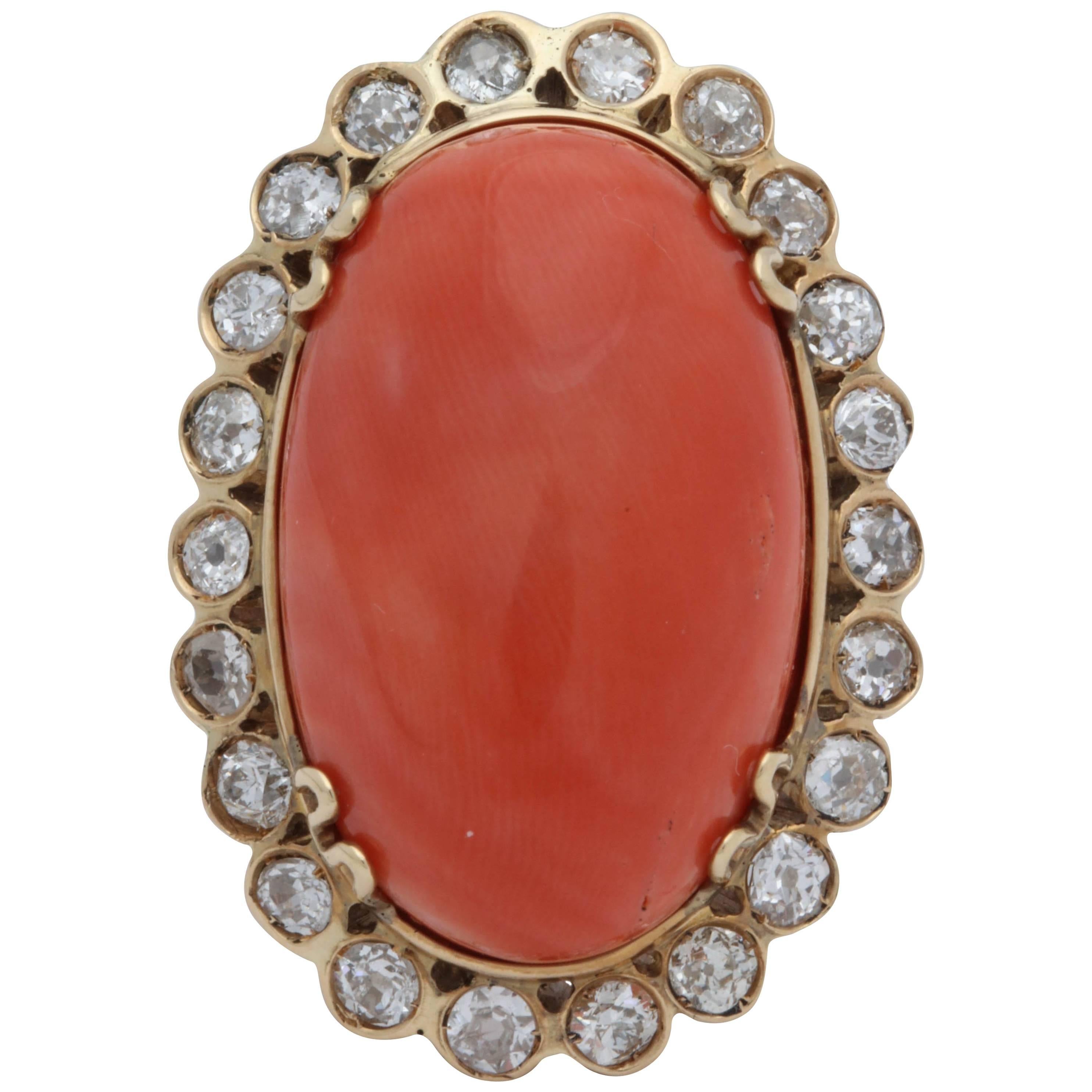 Oval Coral Cocktail Ring with Diamonds For Sale at 1stDibs