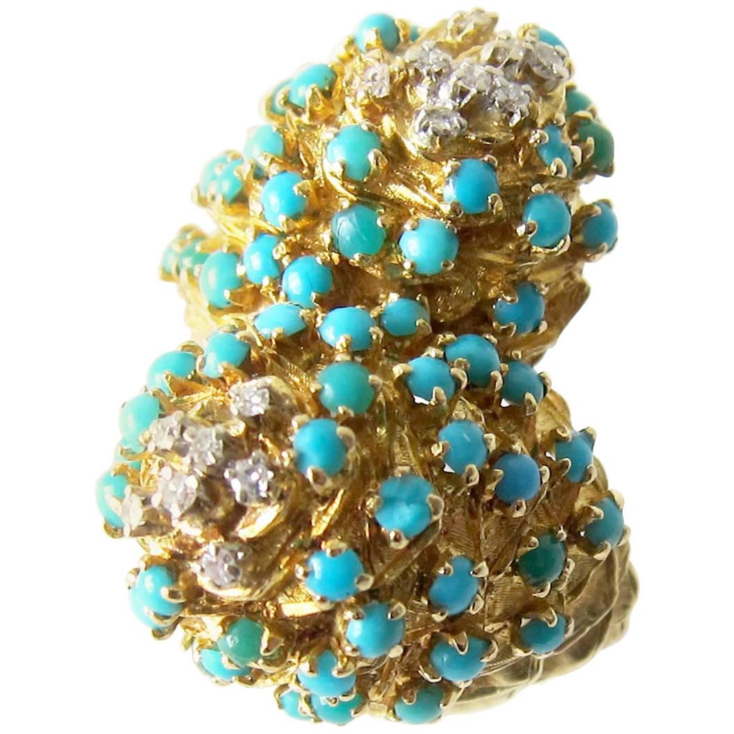 Gold Turquoise Diamond Double Dome Cocktail Ring at 1stDibs