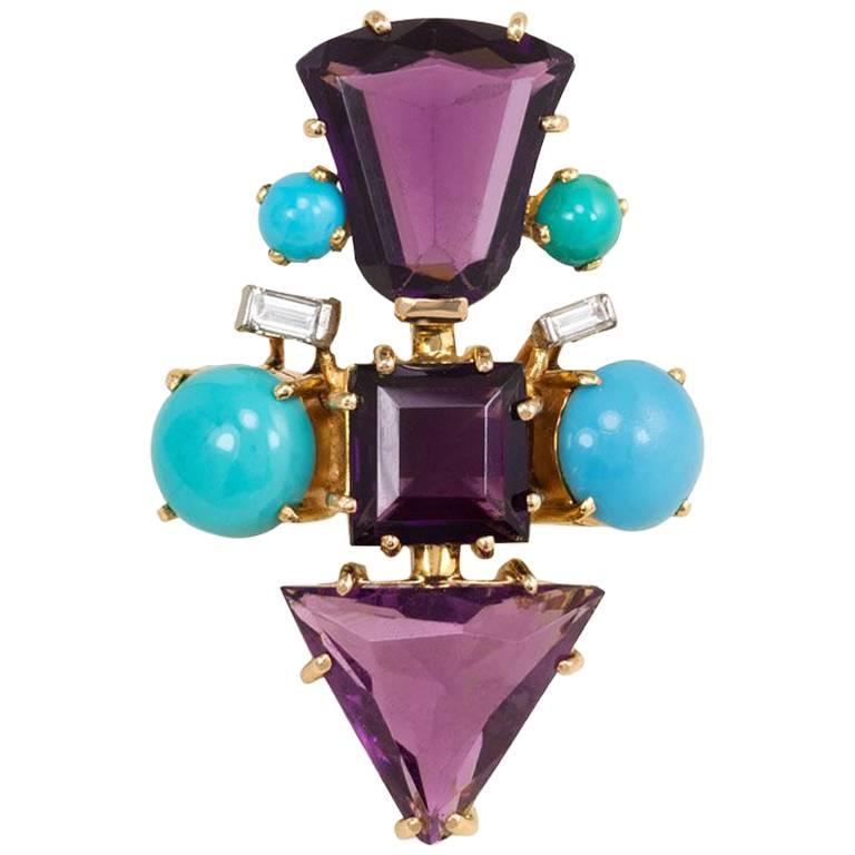 Mid-Century Gold, Turquoise, and Calibre Ruby Navette-Shaped Ring For ...