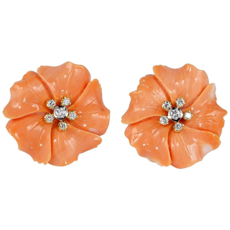 Untreated Natural Salmon Coral Diamond Flower Earrings For Sale at 1stDibs