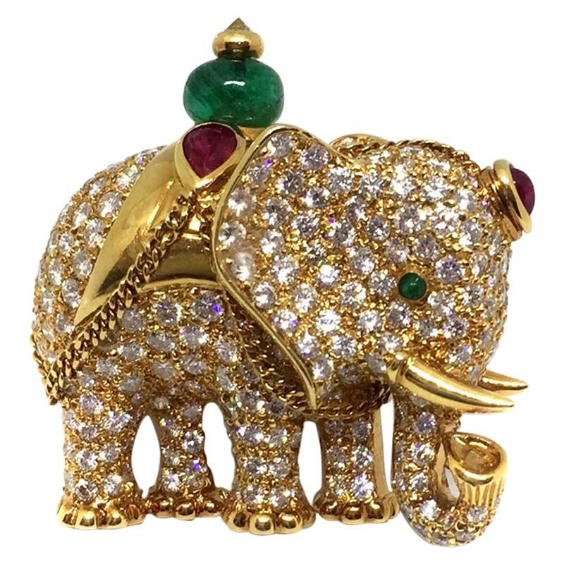 Diamond Emerald Ruby Gold Elephant Brooch at 1stDibs