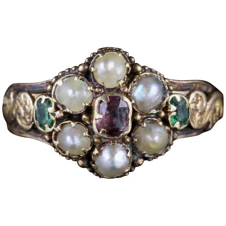Antique Georgian Ring 15 Carat Gold Garnet Emerald Pearl, circa 1800 at ...