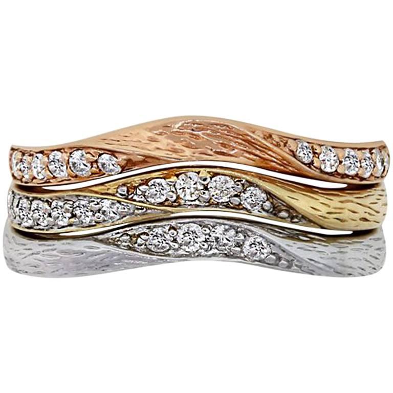 Set of Three Tri Color Round Diamond Stackable Rings at 1stDibs | tri ...