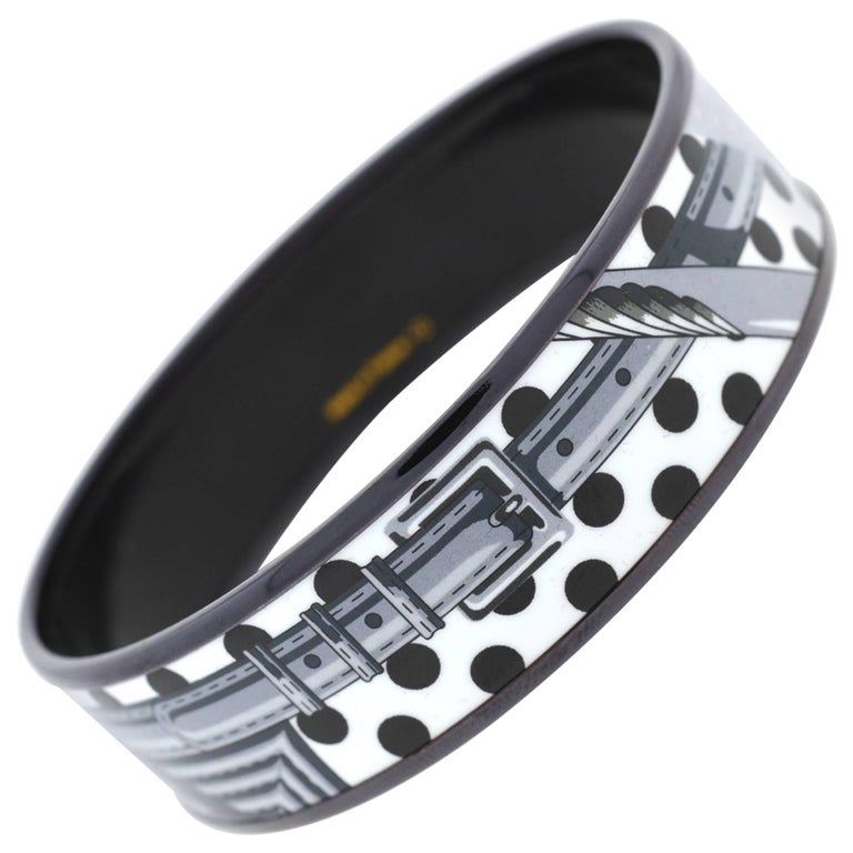 Hermes Wide Black Belt Enamel Belt Bangle Bracelet with Dustbag at 1stDibs