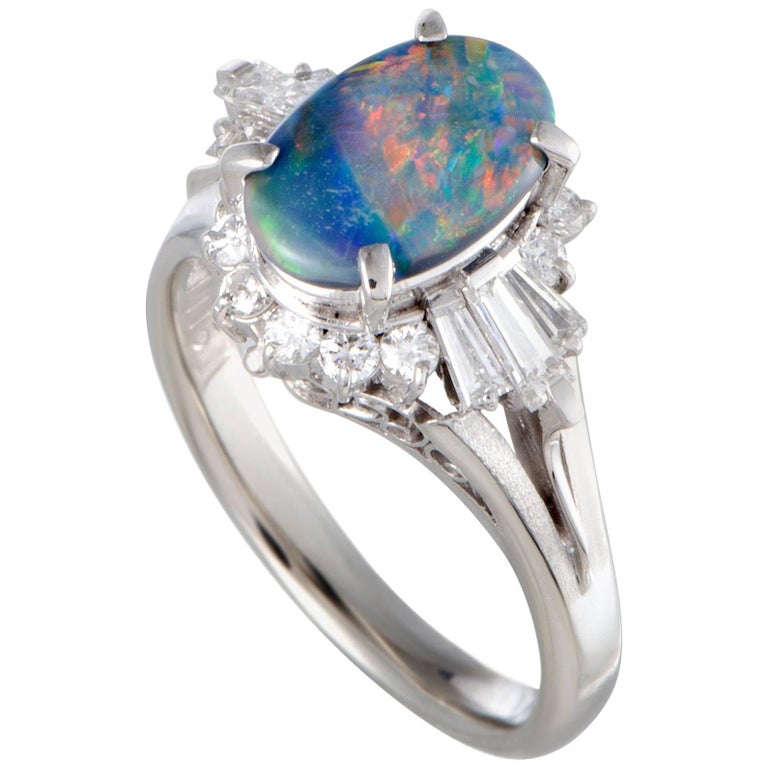 Art Deco Platinum Diamond " Lightning Ridge " Black Opal Ring at 1stdibs