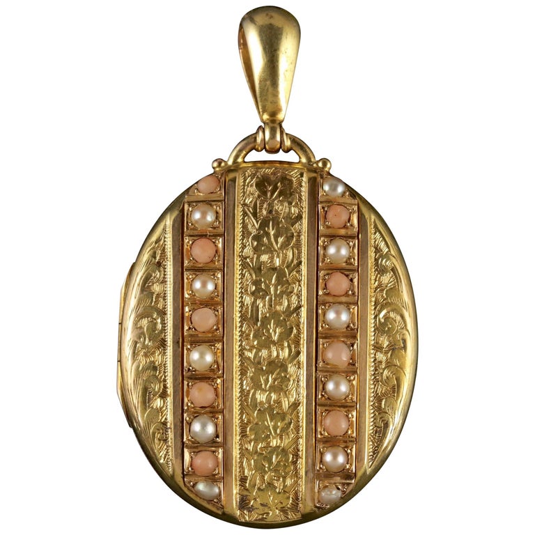 Antique Victorian Locket Pearl Coral 18 Carat Gold Forget Me Not, circa ...
