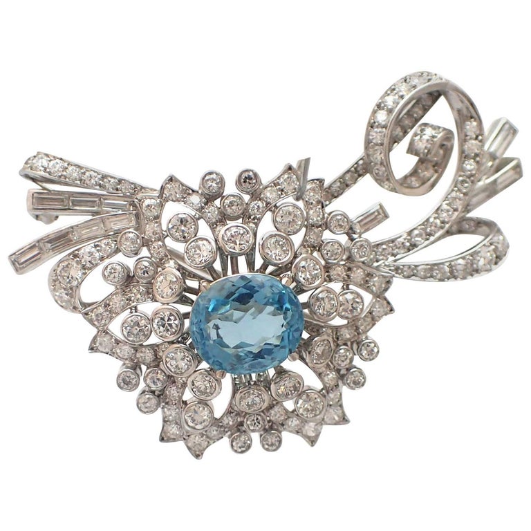 Blue Topaz and Diamond Pin in Platinum at 1stDibs