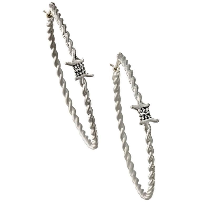 Wendy Brandes Barbed Wire Platinum Hoops With Satin Finish and Diamond ...