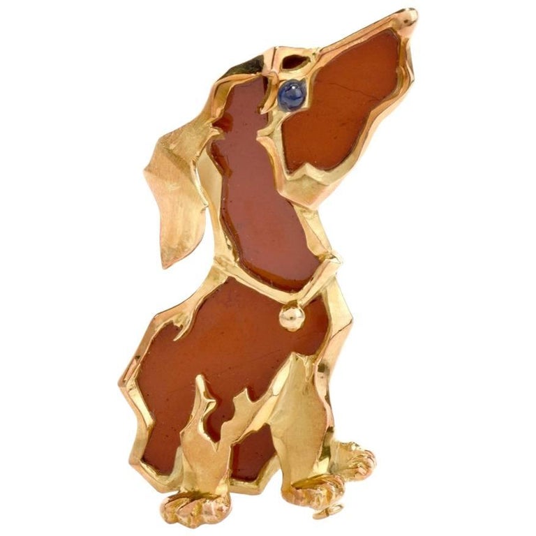 1960s Gubelin Jasper Sapphire 18 Karat Gold Dog Brooch Pin For Sale at 1stDibs