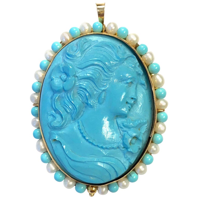 Vintage Turquoise and Pearl Gold Cameo Pin Pendant at 1stDibs ...
