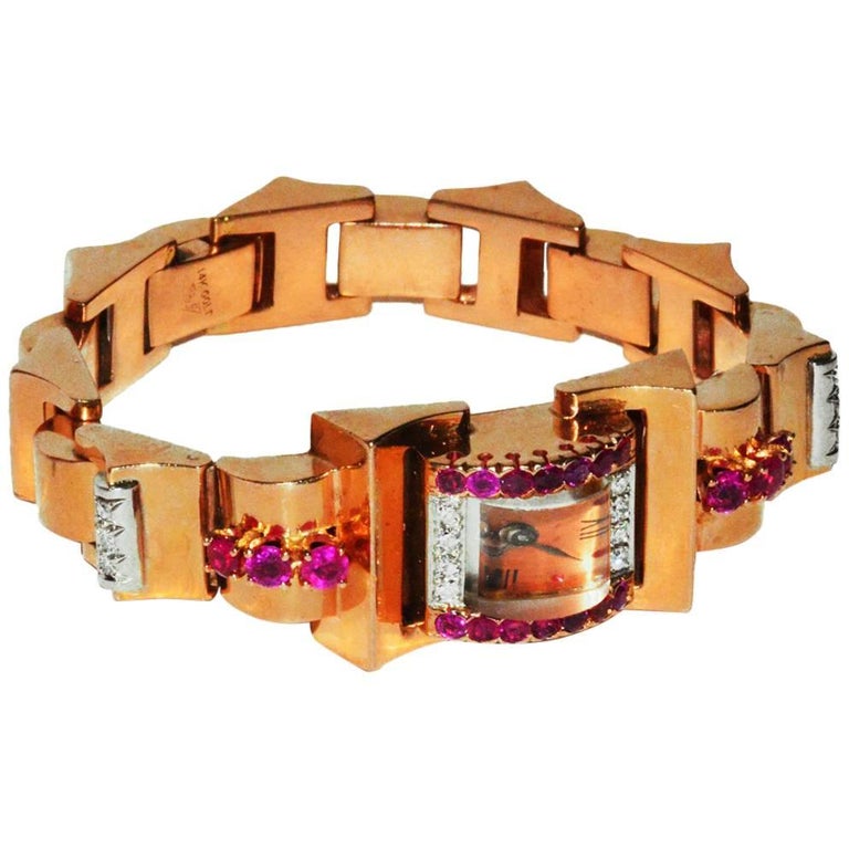 Ladies Pink Gold Diamond Ruby Wristwatch, circa 1940s at 1stDibs