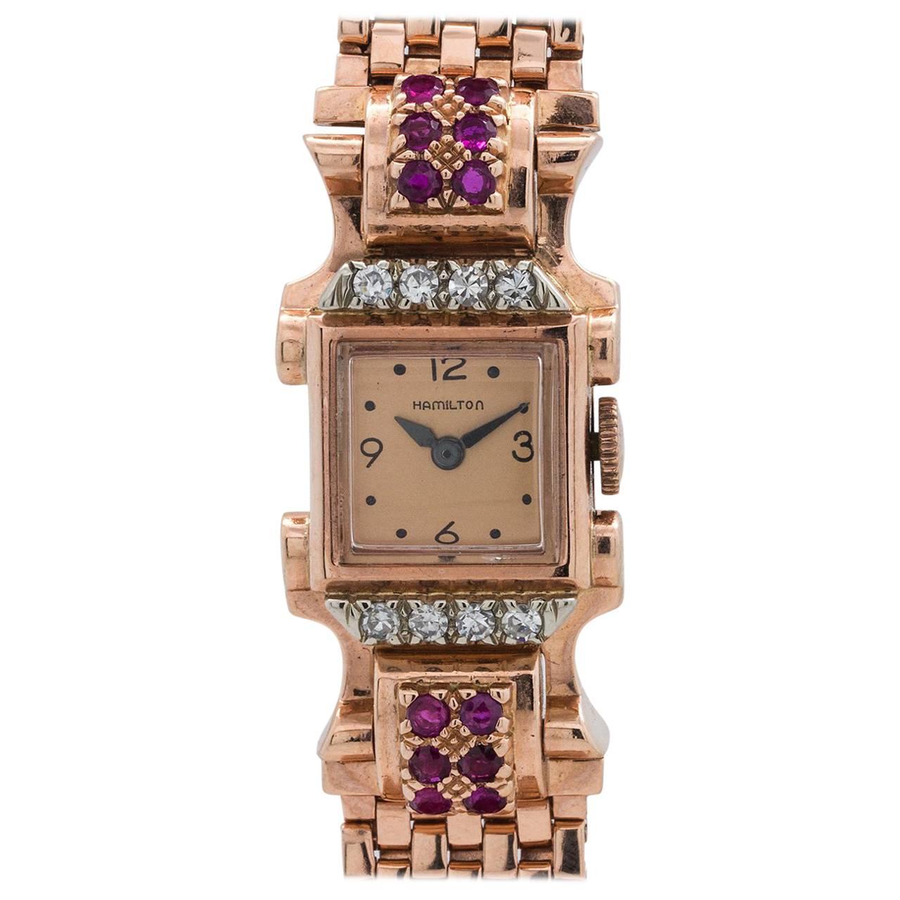 Hamilton Ladies Rose Gold Ruby and Diamond Dress Model Wristwatch ...