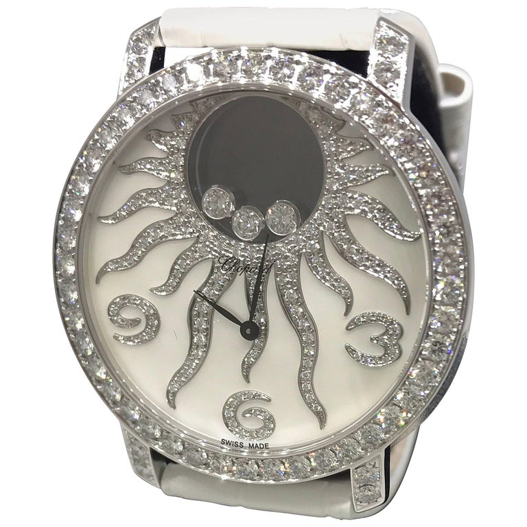 Chopard Happy Sun White Gold and Diamond Leather Band Ladies Watch 20/ ...