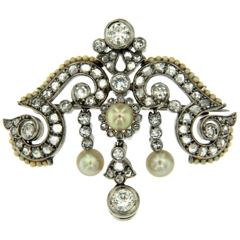 Art Deco Diamond Natural Pearl Platinum Brooch at 1stDibs