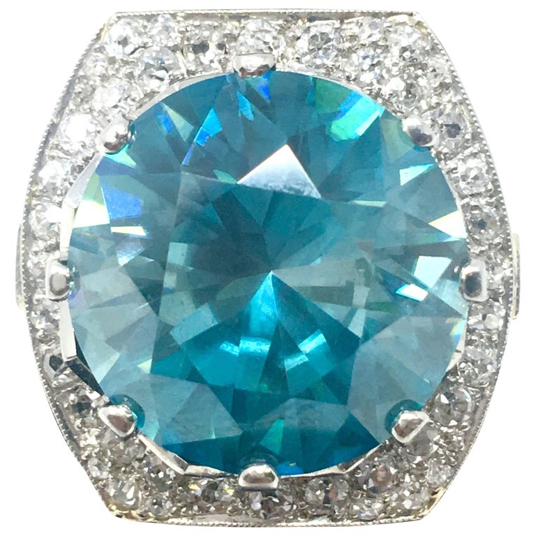 Antique Vintage Estate Platinum Round Blue Zircon and Diamond Ring 20 ...