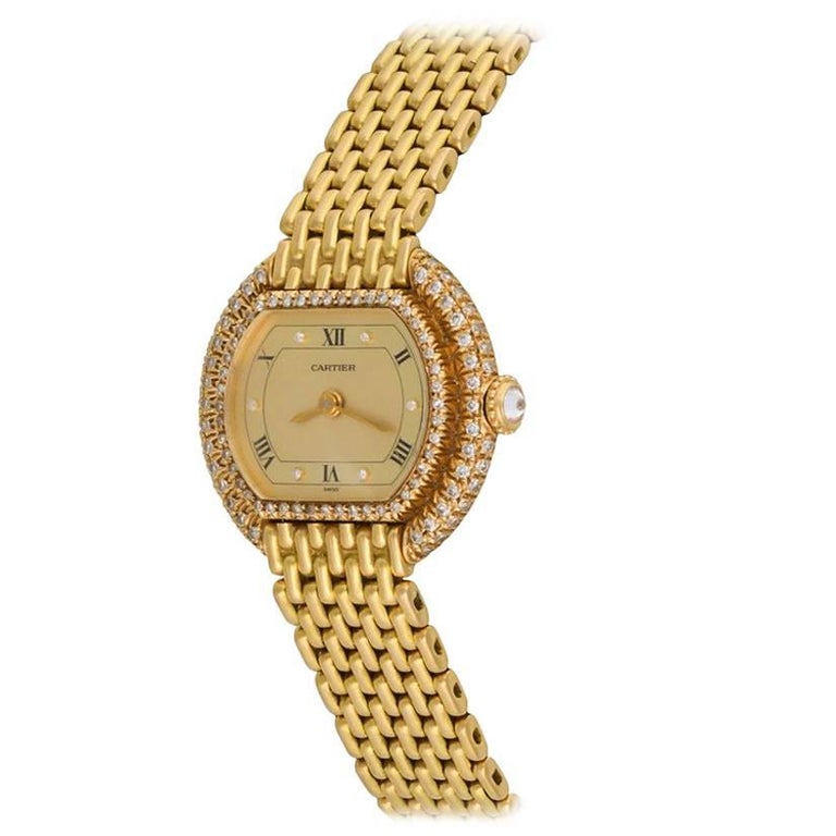 Cartier Ladies 18k Yellow Gold Manual Wind Wristwatch with Diamonds For Sale at 1stDibs