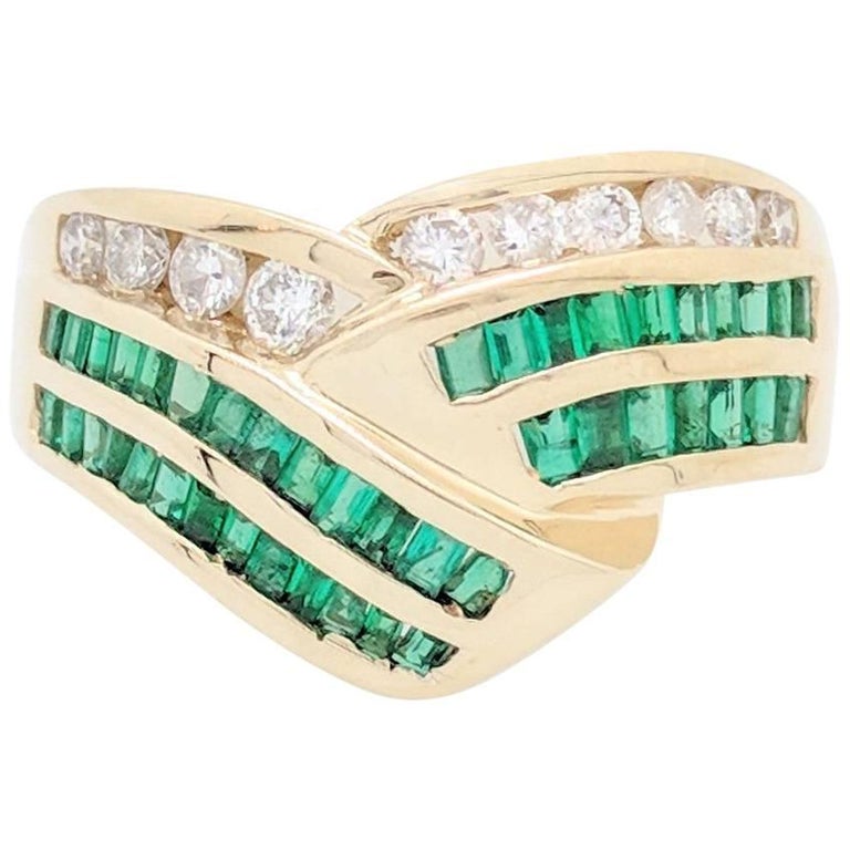 14 Karat Yellow Gold 1 Carat Channel Set Emerald and Diamond Right Hand ...