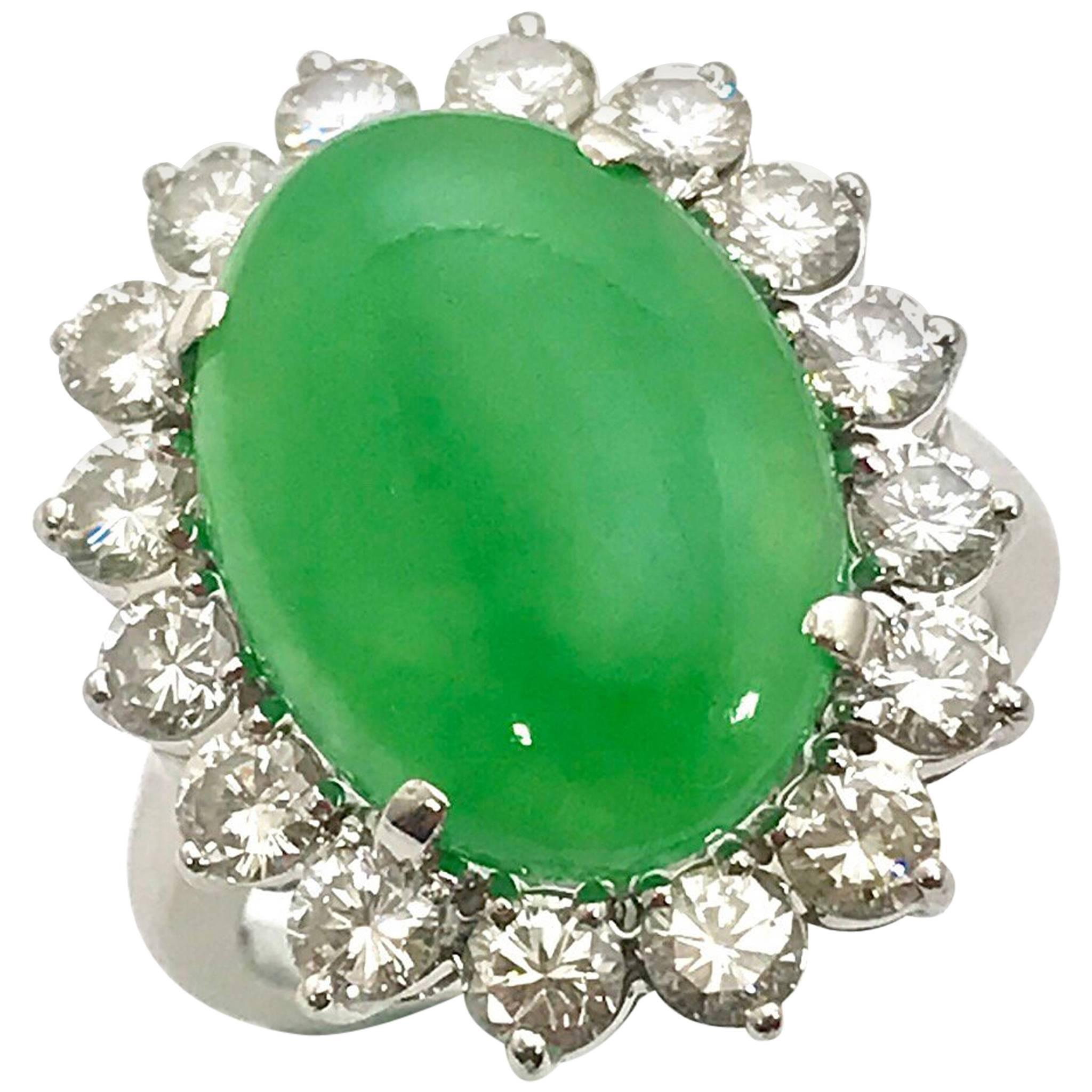 Oval Cabochon Type "A" Natural Jadeite Jade and Diamond Platinum Ring ...