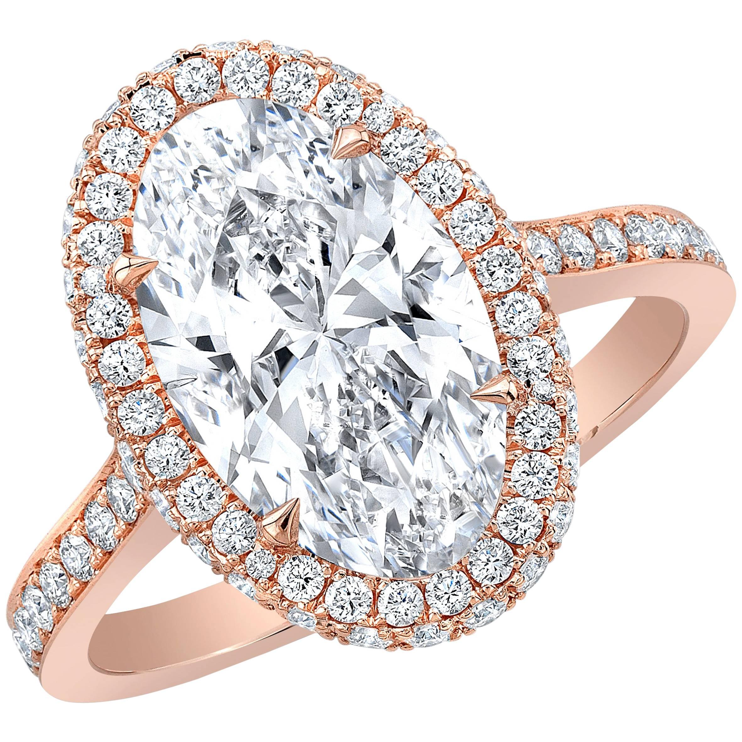 GIA Certified 3.29 Carat D VS2 Oval Diamond 18 Karat Rose Gold Halo Ring For Sale at 1stDibs
