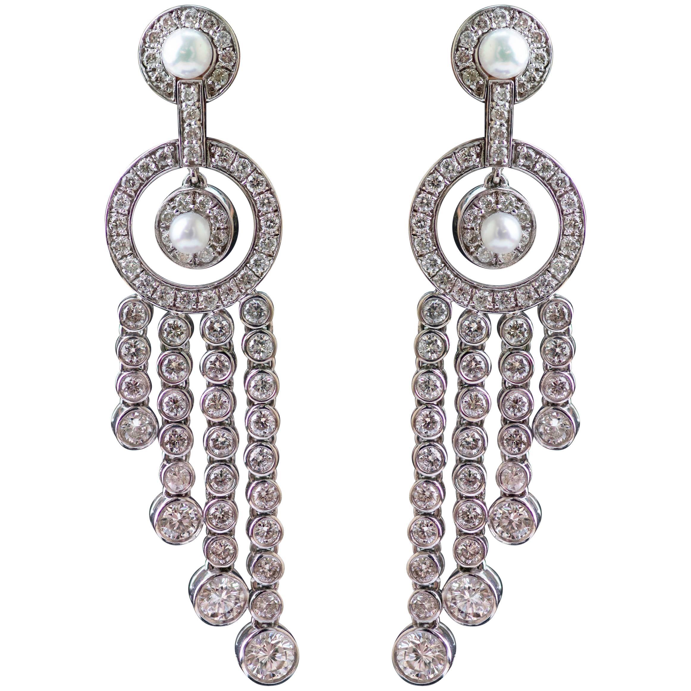 Edwardian Style Diamond and Pearl Tassel 18 Karat White Gold Earrings ...