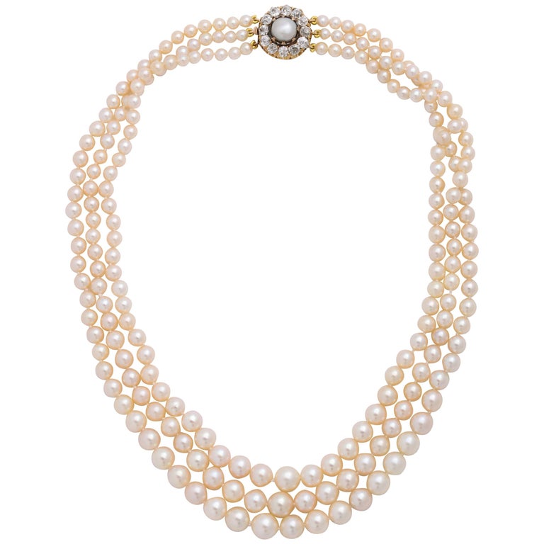Cultured Pearl Necklace with Antique Diamond Clasp at 1stDibs