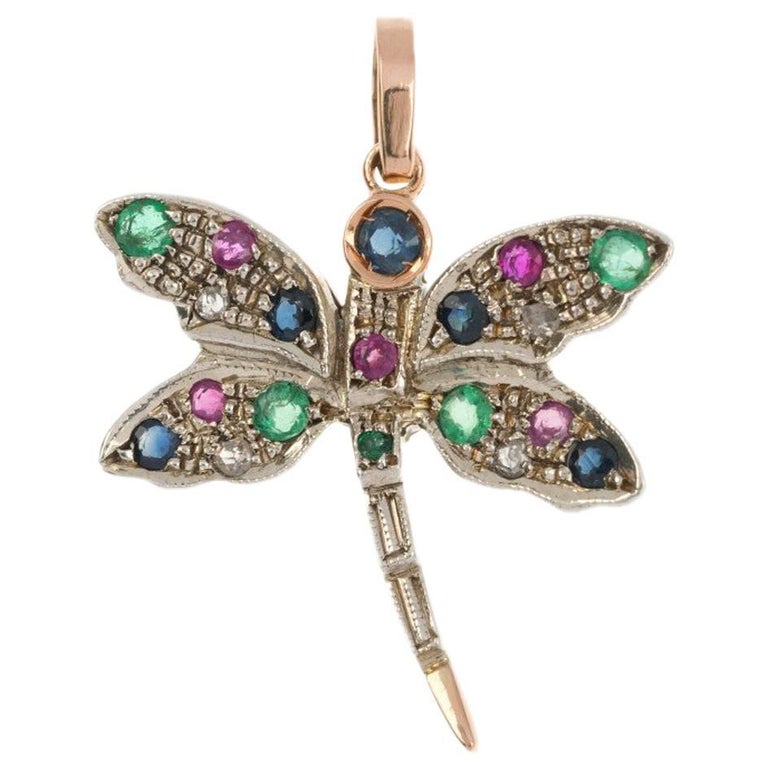Handcrafted Italian Rose Gold Ruby Emerald and Sapphire Dragonfly ...