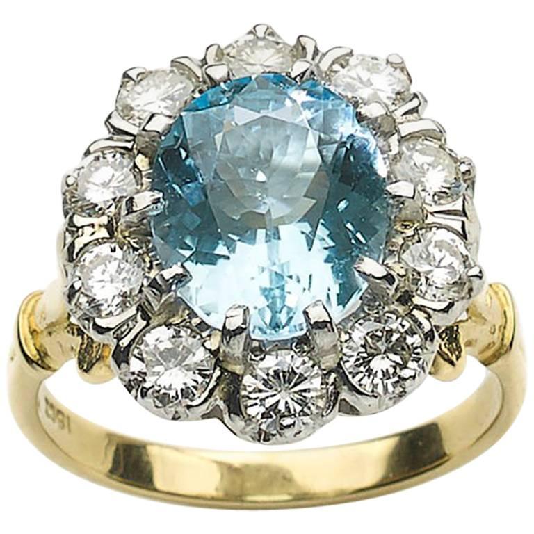 Blue topaz and Diamond Cluster Ring at 1stDibs | aquamarine cluster ring