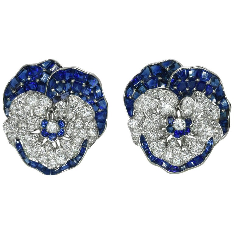 Pair of Sapphire and Diamond Pansy Pins For Sale at 1stDibs