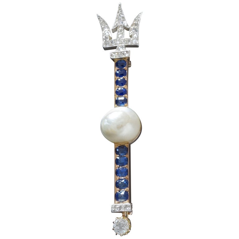Late Edwardian Diamond Blue Sapphire Natural Blister Pearl Trident ...