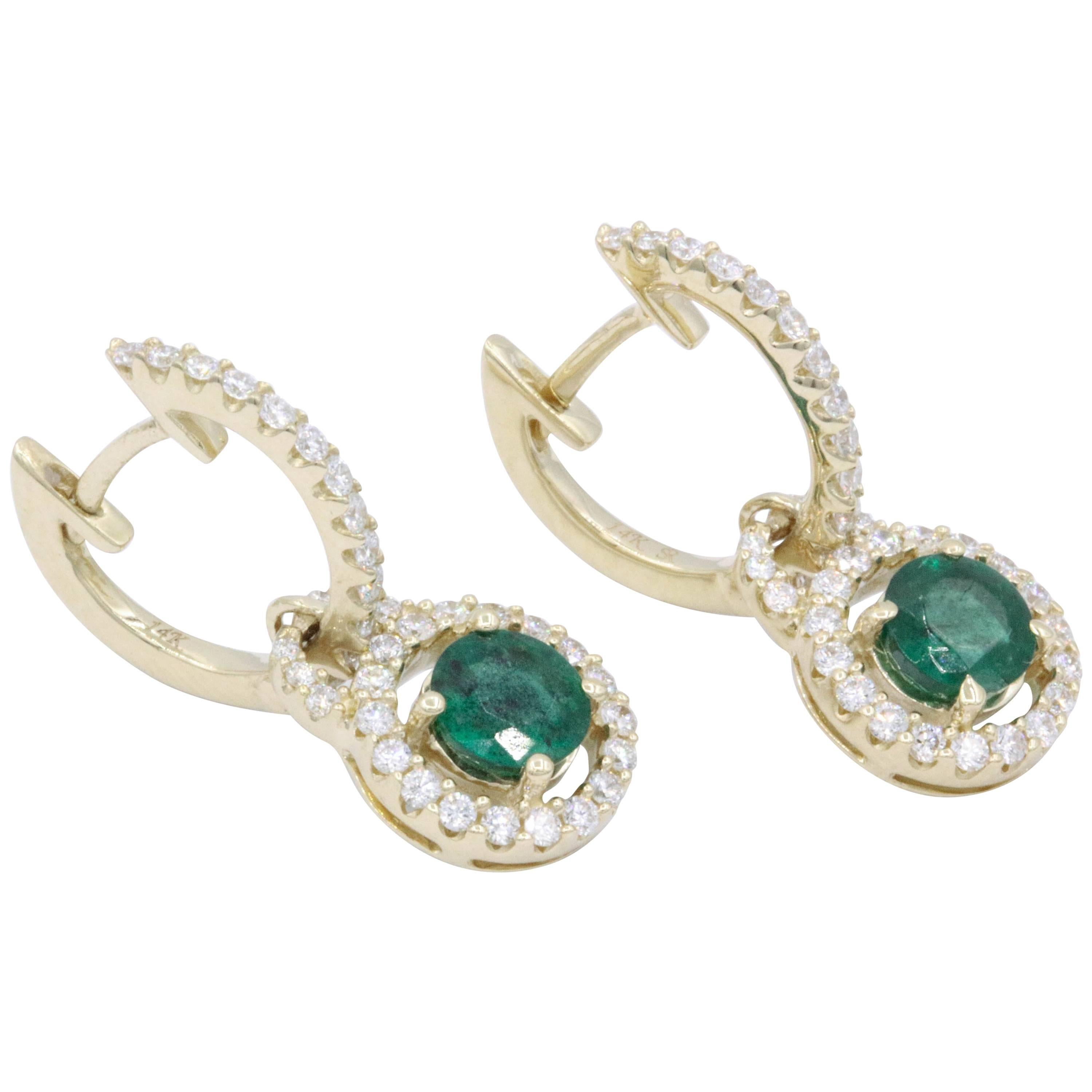 Round Emerald Drop Yellow Gold Earrings For Sale at 1stDibs