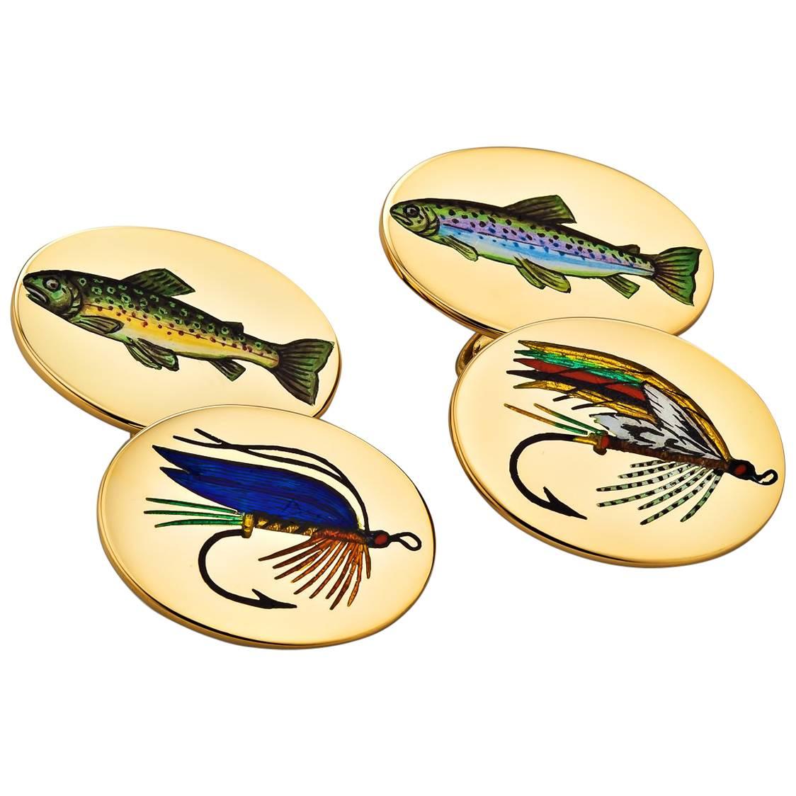 Vintage Longmire London Fish and Lure Gold Enamel Cufflinks at 1stDibs ...