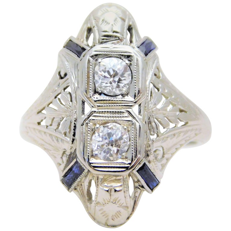 Ladies’ 18k Late Victorian “Shield Ring” with Sapphires and Old Mine ...